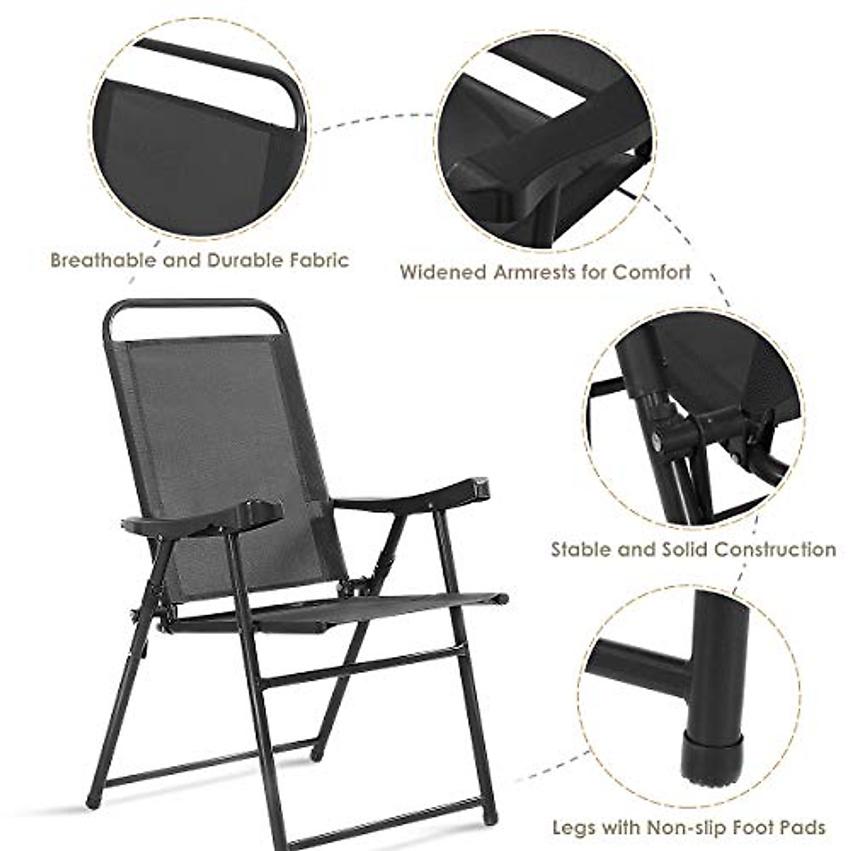 Safstar Folding Sling Chairs, Patio Furniture Chair Set with Armrest for Lawn Garden (Dark Gray 4PCS)