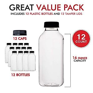 Empty Plastic Juice Bottles Bulk with Caps for Juicing & Smoothies, Reusable Clear , 16 Ounce Drink Containers for Mini Fridge, Juicer Shots, Small 16 oz (12 Pack)