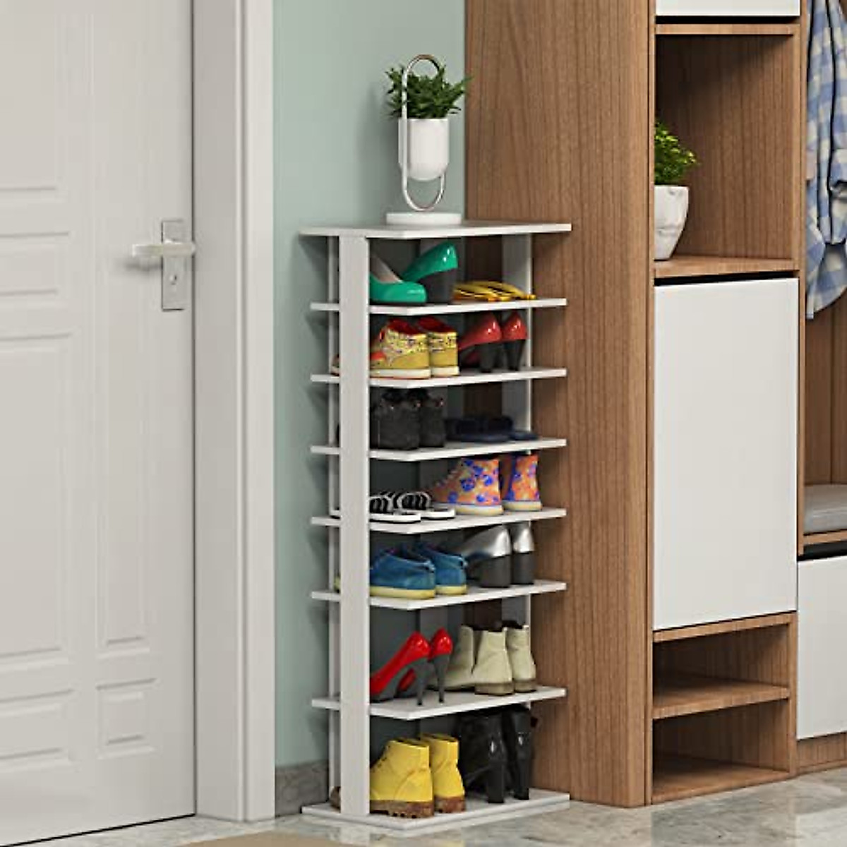 Tangkula 7 Tiers Vertical Shoe Rack, Patented Entryway Wooden Shoes Racks, Modern Shoe Rack Organizer, Space Saving Shoes Storage Stand for Front Door (White, Double)