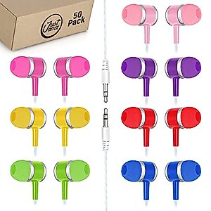 JustJamz 50 Multipack of Colorful in-Ear Earbuds | Bulk Earbuds Marbles, Wholesale Colorful Earphones, Disposable Earbuds, Headphones in Bulk, Headphones, for Kids & Adults, Assorted Colors