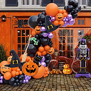 Wecepar 158pcs Halloween Balloon Garland Arch Kit Black Orange Purple Green Balloon with Skeleton Guard Cat Pumpkin Witch Hat Shaped Foil Balloons for Halloween Theme Party Supplies Decorations