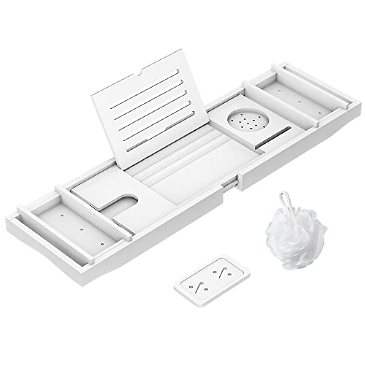Bamboo Bathtub Tray Bath Tub Caddy with Expandable Handles Wine Glass Phone Holder Book Stand for Bathroom White