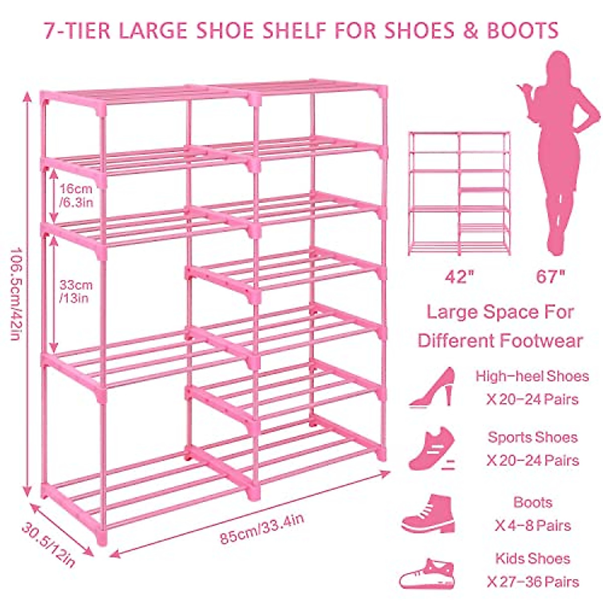 LNYZQUS 7-Tier Large Pink Shoe Rack, 24-30 Pairs Tall Shoe Organizer Shoe Shelf,Kids Shoe Stand Boots Organizer For Garage Closet Entryway