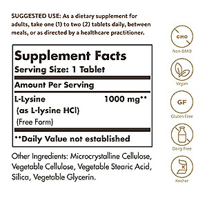 Solgar L-Lysine 1000 mg, 250 Tablets - Enhanced Absorption and Assimilation - Promotes Integrity of Skin and Lips - Collagen Support - Amino Acids - Non-GMO, Vegan, Gluten Free - 250 Servings