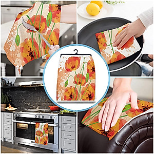 Kitchen Dish Towels 2 Pack-Super Absorbent Soft Microfiber,Orange Poppy Flower Poppy Cleaning Dishcloth Hand Towels Tea Towels for Kitchen Bathroom Bar