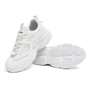 Niluber Women's Chunky Platform Sneakers-Slip On Breathable Running Shoes-Lightweight Glitter Rhinestone White Black Sneakers(White,6)