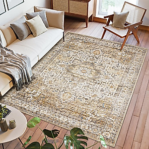 Area Rug 9x12 Living Room: Soft Large Washable Rugs with Non-Slip Rubber Backing Stain Resistant Modern Indoor Boho Vintage Carpet for Bedroom Dining Nursery Room Home Office (Beige/Brown)