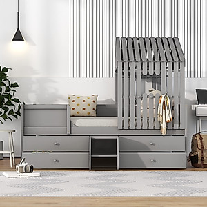 Bellemave Full House Beds with Storage Drawers for Kids, Wood Playhouse Tent Bed Frame 4 and Ladder Children Girls Boys Teens, Size, Gray Gray House Bed