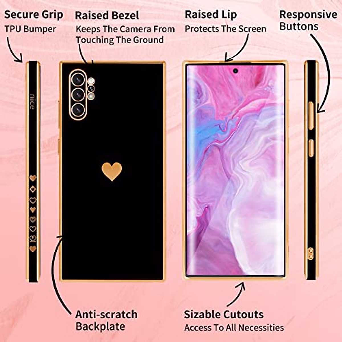 Shorogyt (3in1 Heart Case for Samsung Galaxy Note 10 Plus 5G/4G 6.8 Inch Women Cute Aesthetic Love Hearts Pattern Girls Black Gold Luxury Girly Design Cases Cover+Screen+Chain for Note 10+ 6.8”