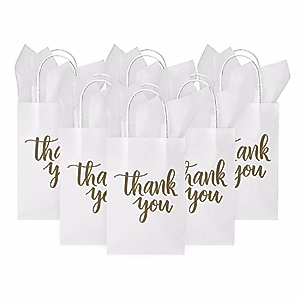 DjinnGlory 50 Pack Small White Thank You Paper Gift Bags with Handles and 24 Sheets Tissue Paper for Small Business, Shopping, Wedding, Baby Shower, Party Favors (Small 9''x5.5''x3.15'', White)