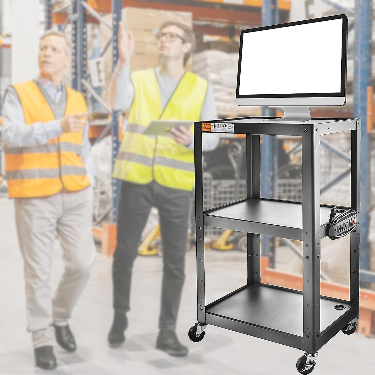 3 Shelf Metal Utility cart - Steel Construction Mobile Presentation Cart Projection Cart with Power Strip - Durable Utility Cart AV Carts on Wheels - Supports Up to 300 LBs (24'' x 18'' x 41'')