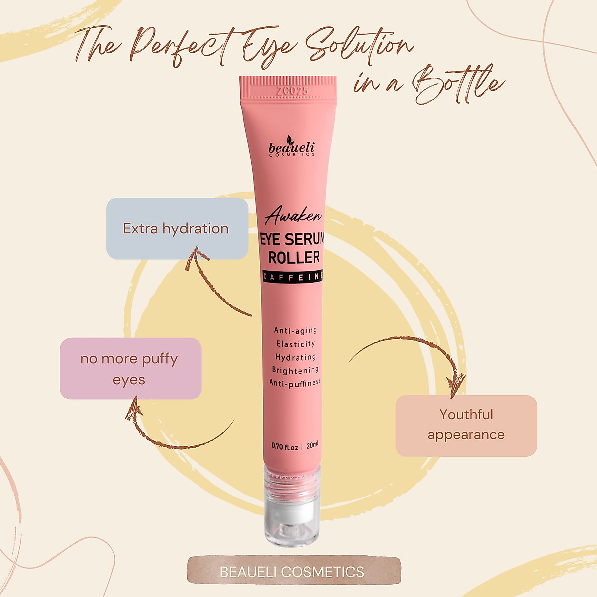 Beaueli Eye Roller and Caffeine Eye Serum - Anti Aging Skin Care with Hyaluronic Acid Niacinamide Peptide - Dark Circles Puffiness - Under Eye Bags - Wrinkles Eye Cream Massager (0.7 fl oz)