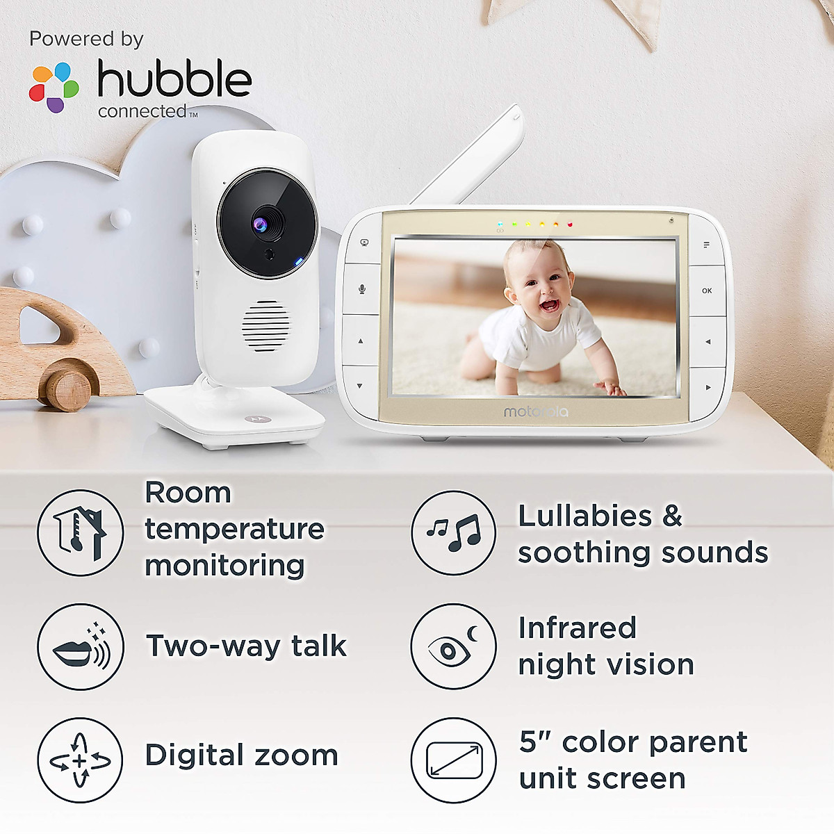 Motorola MBP844CONNECT Wireless WiFi Video Baby Monitor - 5-Inch HD Color Screen, 2-Way Talk Communication - Sound, Motion, Temperature Alert - Digital Zoom, Night Vision, 5 Lullabies - 1000ft Range