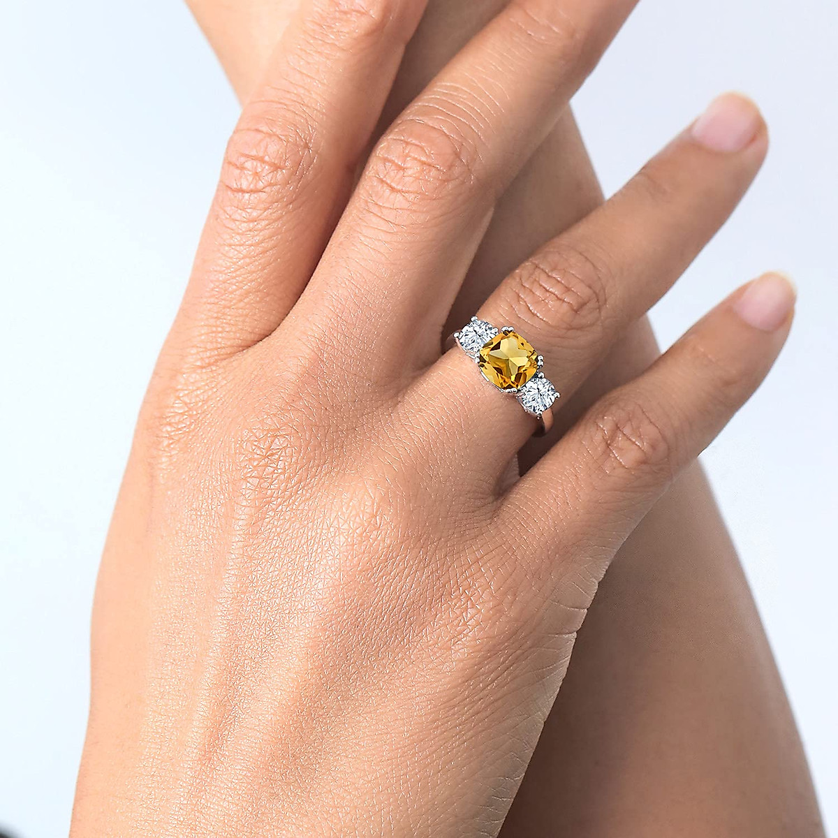 Gem Stone King 925 Sterling Silver Yellow Citrine 3 Stone Engagement Ring For Women | 4.50 Cttw | Gemstone November Birthstone | Cushion 8MM | Available in Size 5,6,7,8,9