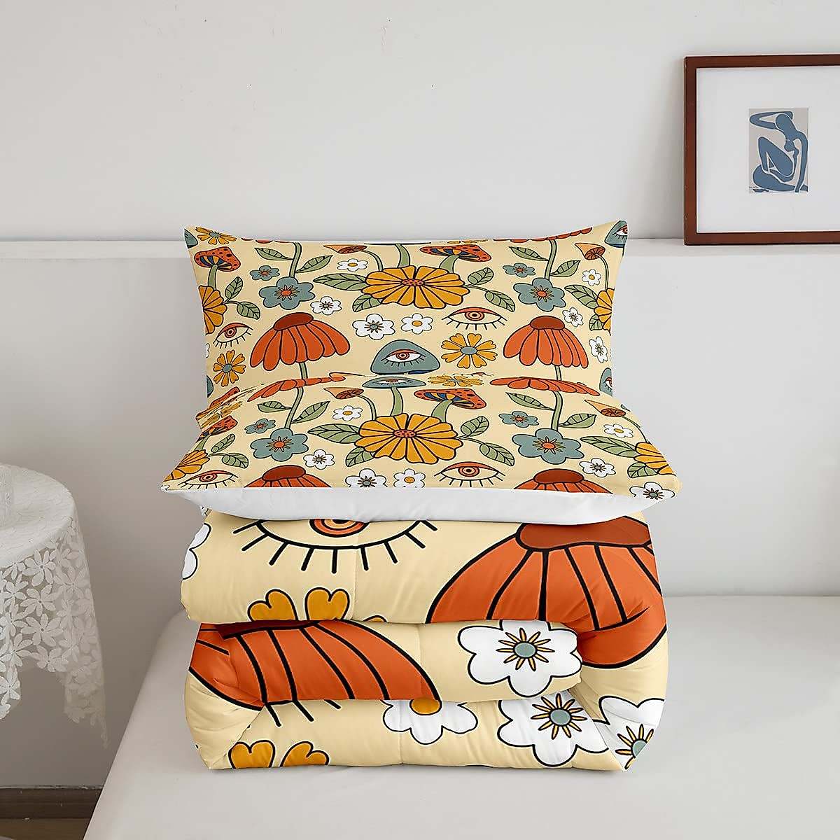 Castle Fairy Retro Flowers Comforter Set Twin Size,70s Floral Mushroom Quilt Set for Kids Boys Bedroom Collection,Art Hippie Plant Eye Print Polyester Bedding with 1 Pillowcase,2Pcs