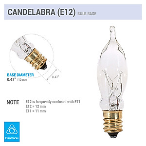 KOR (12 Pack) 7.5CFC/15/3 7.5W 120 Volt, Flame Candelabra Tip Chandelier Bulb, Clear CA5 Incandescent, Petite Decorative Lamp, E12 Candelabra Brass Plated Base, 40 Lumens, Dimmable.