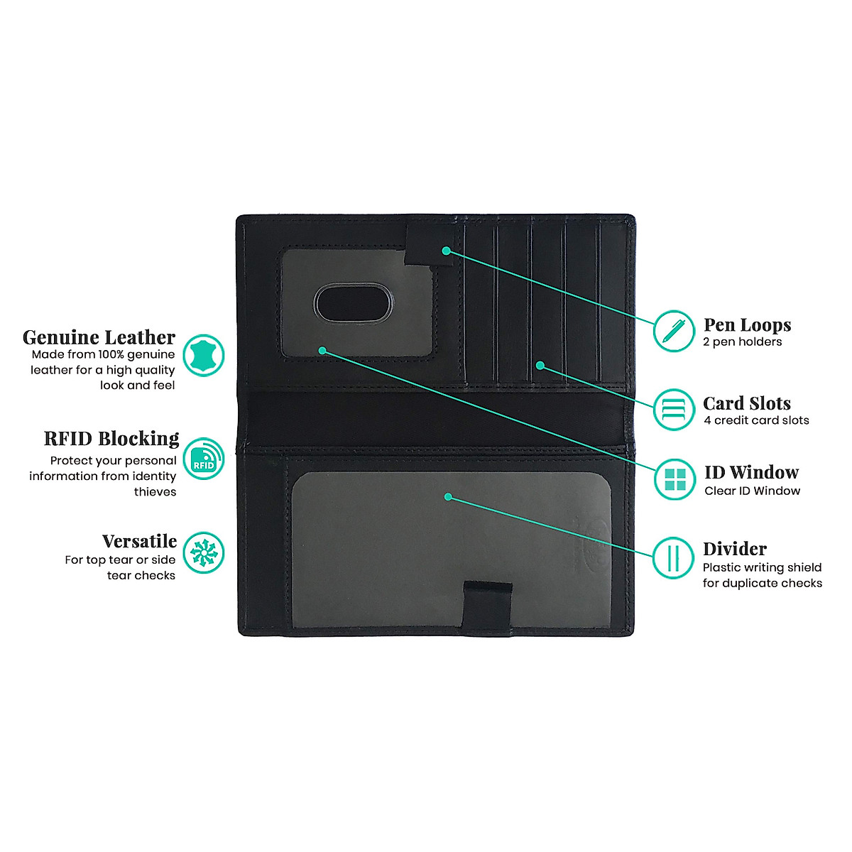 Black RFID Leather Checkbook Cover With Credit Card Slots and Pen Holder