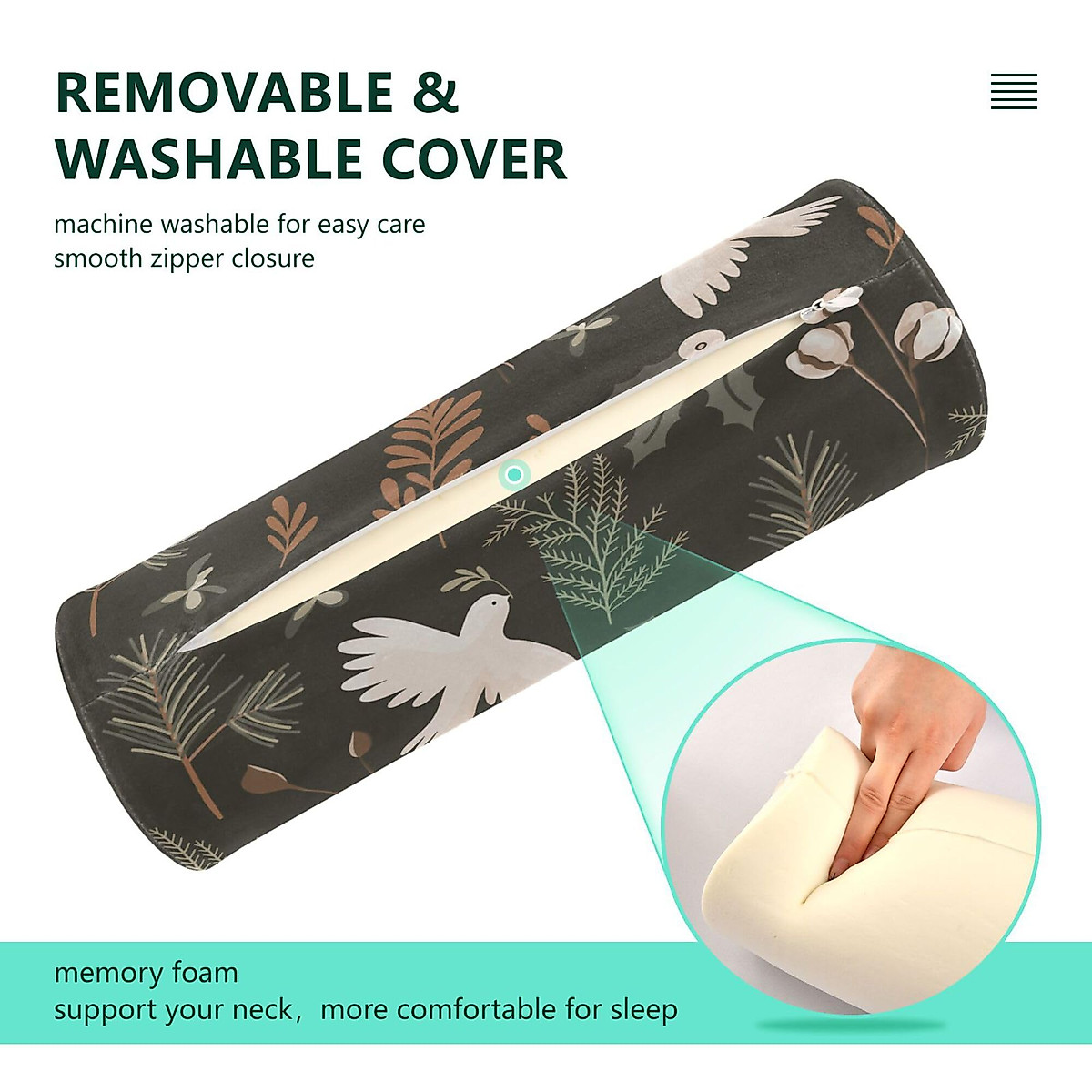 JUNZAN Christmas Time Bed Bolster Pillow Neck Roll Pillow Case Soft Round Pillow for Pillow Neck Support Side Sleeper Round Foam Cushion