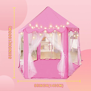 Kid's Play Tent, Ceither Princess Castle Girls Playhouse with Star Lights, 55" x 53" (L x H) Pink Princess Tent Indoor Outdoor for Imagination Interactive Play