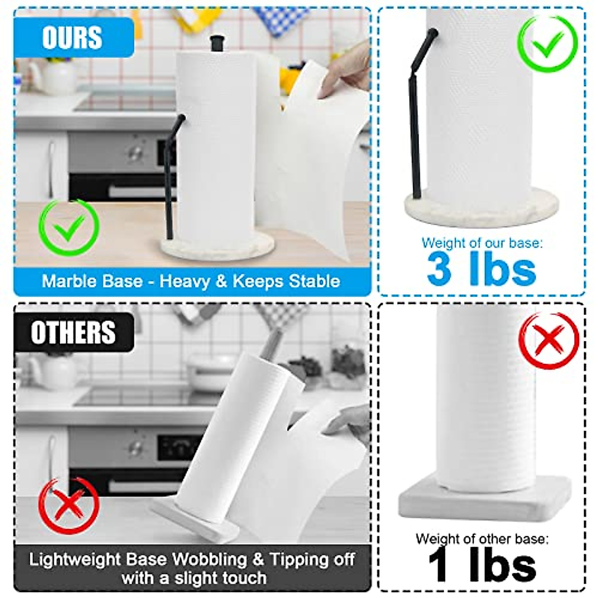 Marble Weighted Paper Towel Holder,Freestanding Black Paper Towel Roll Holder with Tension Arm-for Kitchen Bathroom Countertop,Standard or Jumbo-Sized Roll Holder