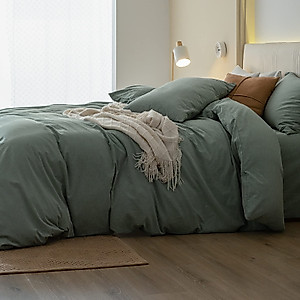 JIYUAN 100% Washed Cotton Duvet Cover Set Comfy Simple Style Soft Breathable Textured Durable Linen Feel Bedding for All Seasons Queen, Green