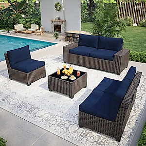 IDEALHOUSE 6 Pieces Blue Patio Sectional Furniture Set, Wicker Conversation Sets Patio Furniture, Brown Patio Sofa with 5 Navy Blue Seat Cushions and 1 Glass Coffee Table