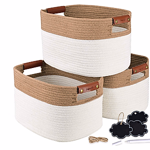 NaturaClo Cotton Rope Storage Basket Set of 3 | Decorative Woven Basket W/Leather Basket Handles & Chalk Tags |Woven Baskets for Storage, Baby Diapers and Toy Organizer | Size: 15' x 10' x 9' inches