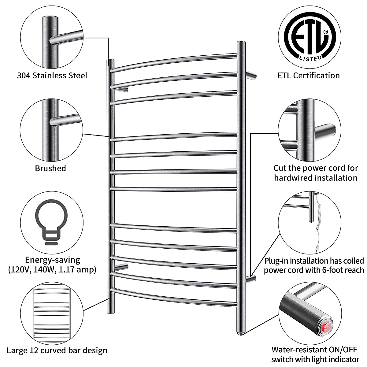 HEATGENE Towel Warmer Wall Mount Electric Plug-in/Hardwired Heated Towel Rack Brushed