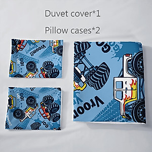AILONEN Truck Duvet Cover Set for Boys,Blue Graffiti Truck Bedding Set Full Size for Kids Teens for Bedroom Decor,3 Piece Monster Truck Quilt Cover Set,1 Duvet Cover and 2 Pillowcases