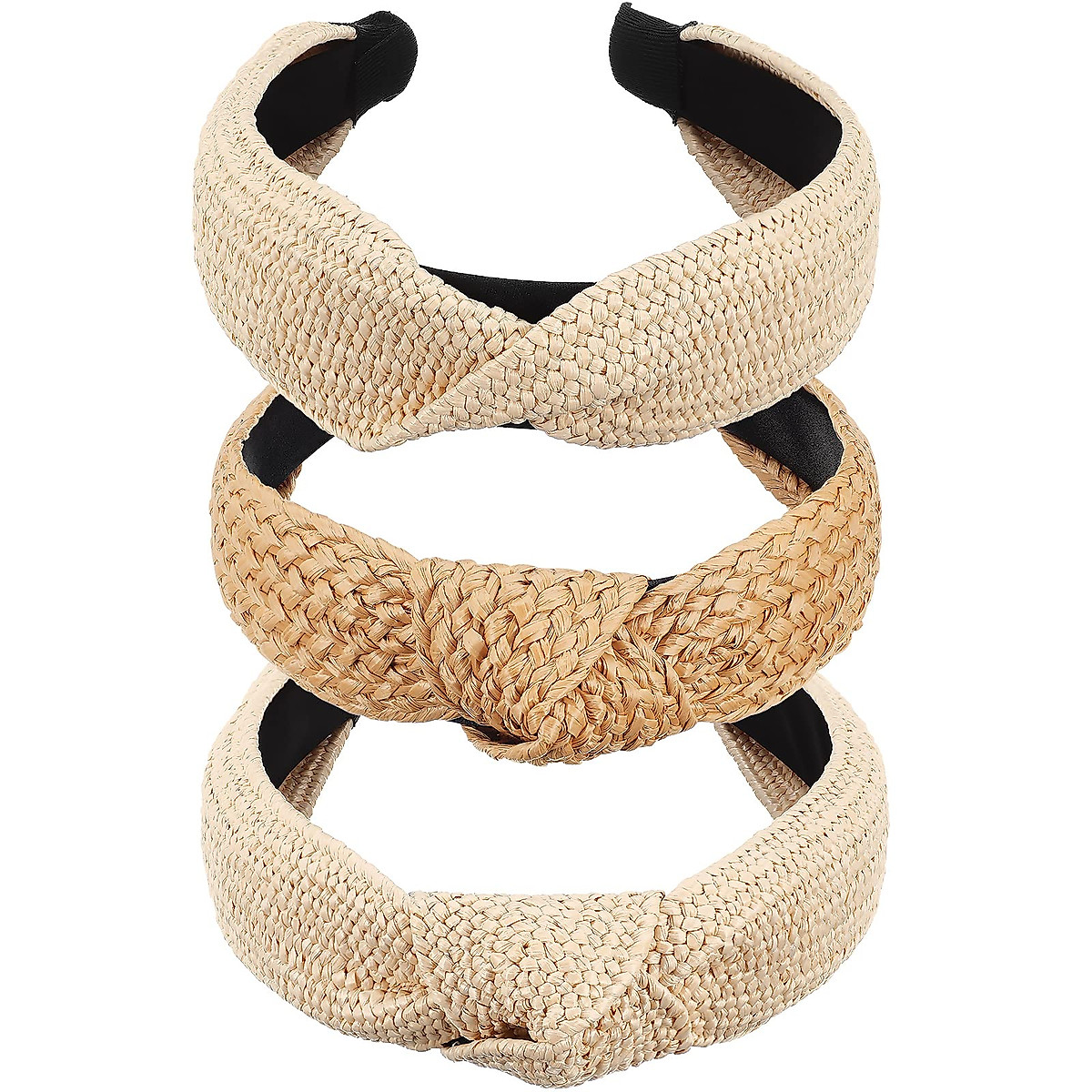 Juexica 3 Pieces Straw Knotted Boho Headbands - Rattan Twist Hairbands for Women, Summer Beach and Girls (Straw Color)