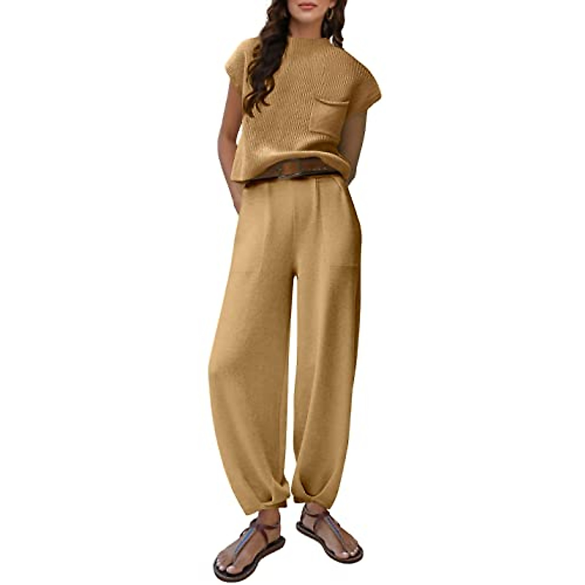 Lentta Women's 2 Piece Sweater Sets Outfits Knit Pullover Tops High Waisted Pants with Pockets(Khaki-L)