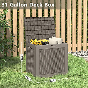 LHBGO 31 Gallon Deck Box, Waterproof Outdoor Storage Box Resin Deck Box Lockable, Lightweight Storage Deck Box for Garden Tools, Supplies