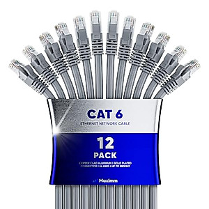 Maximm Cat 6 Ethernet Cable 15 Ft, (12-Pack) Cat6 Cable, LAN Cable, Internet Cable, Patch Cable and Network Cable - UTP (Gray) 15 Feet ethernet Cord