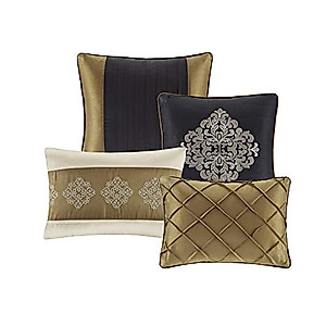 Madison Park Essentials Windsor 24-Piece Room in A Bag Comforter Set-Satin Jacquard All Season Luxury Bedding, Sheets, Decorative Pillows and Curtains, Valance, Queen (90 in x 90 in), Black/Gold