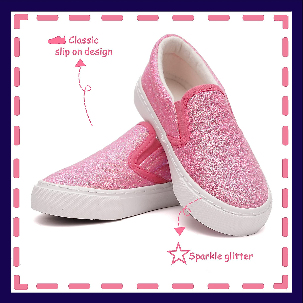 Toandon Little Girls Kids Sneakers Canvas Shoes Loafers Glitter Low Top Slip On Glimmer Sparkle Non-Slip Rubber Sole Lightweight Breathable Outdoor Fashion Casual Tennis Shoes Pink Size 2