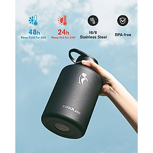 Coolflask 64 oz Insulated Water Bottle with Strap & Sleeve, Half Gallon Water Jug 3 Lids Stainless Steel Multifunctional Flask BPA-Free, Keep 48H Cold 24H Hot, Compact Yoga/Gym Bottle, Black