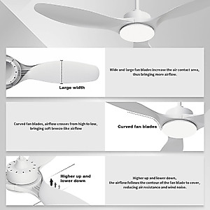 Wozzio 52 Inch Ceiling Fans with Lights Remote Control,White Modern Ceiling Fan 22W Dimmable LED Light,3 Reversible Blades,DC Motor 6 Speed Ceiling Fan for Bedroom Living Room Kitchen Home Office