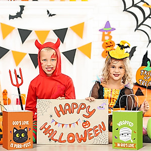 Sweetude 30 Pieces Religious Halloween Paper Gift Bags Halloween Cat Ghost Mummy Pumpkin Tote Bag Christian Halloween Bag with Handle Halloween Candy Treat Bags for Halloween Party VBS Sunday School
