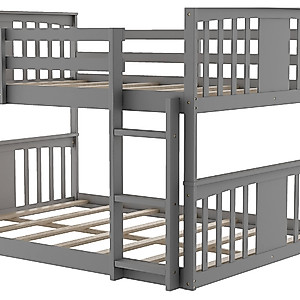 Harper & Bright Designs Full Over Full Low Bunk Bed with Headboard and Footboard, Wooden Bunk Bed with Ladder, for Toddlers Kids Boys Girls - Gray