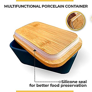 Xabono Butter Dish With Lid Blue Large Butter Dish Preserve the Freshness - Butter Storage Bamboo Lid Butter Dish with Knife - Bamboo Butter Dish Attractive Ceramic Butter dish with lid and Knife