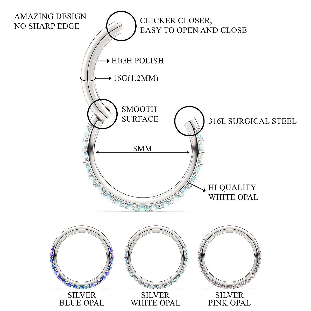 AVNIS Helix Ring Hoop ?€“ Premium Stainless Steel Hinged Nose Ring Hoop ?€“ 16G Opal Stone Septum Ring ?€“ Tragus Earrings for Women ?€“ Versatile Nose Piercing Jewelry