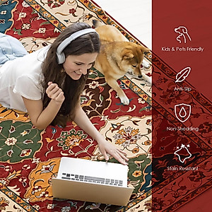 CHOSHOME Washable Rug 5x7 Vintage Boho Medallion Area Rugs with Non-Slip Backing Soft Stain Resistant Non-Shedding Low-Pile Floor Carpet Mat for Living Room Bedroom Kitchen Home Office,Red/Multi