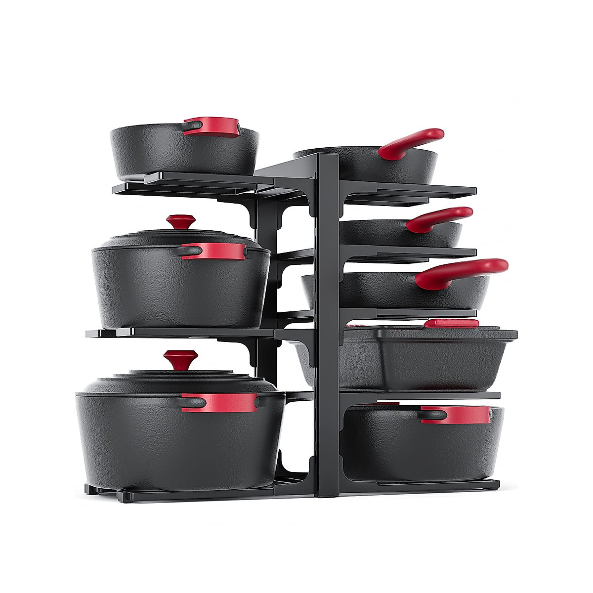 MUDEELA Adjustable 8-Tier Iron Pots and Pans Organizer for Cabinet, Silver, Protective Kitchen Storage