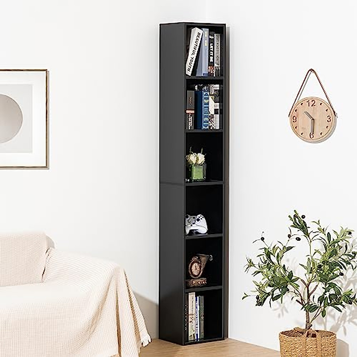 HOFFREE 6-Tier Narrow Bookcase Tall Wood Bookshelf Cabinet Cube Organizer Book Shelves Display Storage Shelves Rack for Small Spaces Home Office Living Room - Black