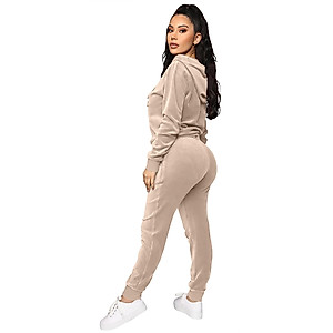 BOGURST 2 Piece Outfits for Women Tracksuit Casual Long Sleeve Jogging Sweatsuit Workout Set Khaki 2XL