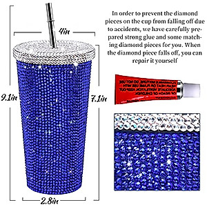 16.9oz Studded Bling Tumbler for Women, Diamond Glitter Water Bottle with Lid Stainless Steel Vacuum Thermal Straw Tumbler , Double Wall Straw Cups, Handmade Individually Set Stones (Bling-Blue)