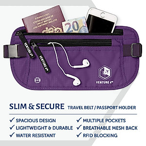 VENTURE 4TH RFID Money Belt for Girls - Hidden Passport Holder (Purple)