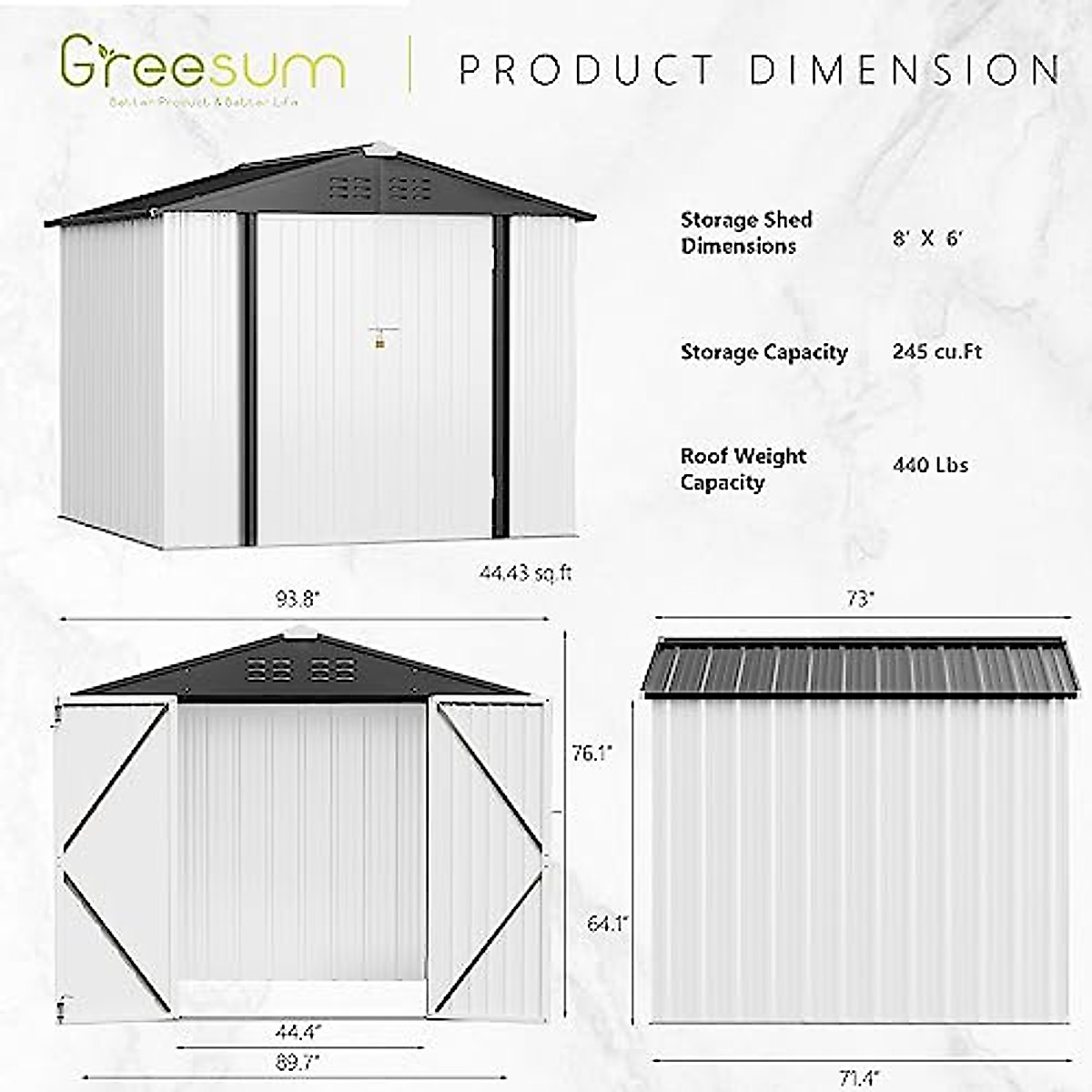 Greesum Metal Outdoor Storage Shed 8FT x 6FT, Steel Utility Tool Shed Storage House with Door & Lock, Metal Sheds Outdoor Storage for Backyard Garden Patio Lawn, White