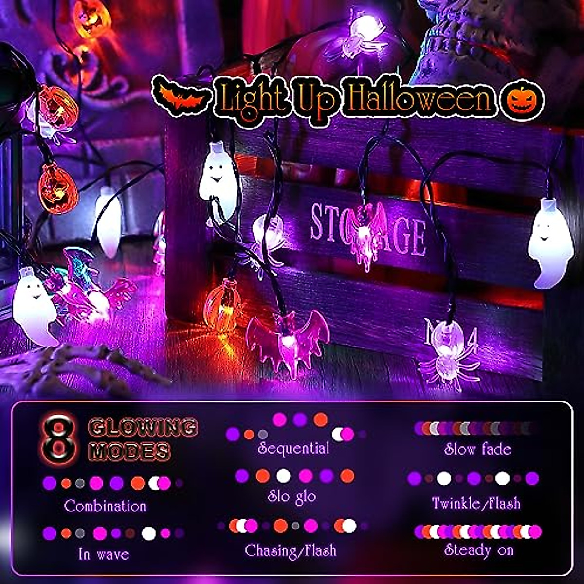 Enhon Halloween Lights, 26 FT 40LED Solar Halloween Pumpkin Bat Ghost Spider Lights for Decoration, IP44 Waterproof Lights with 8 Modes for Garden(Orange, Cool White, Purple, Dark Purple,1 Pc)