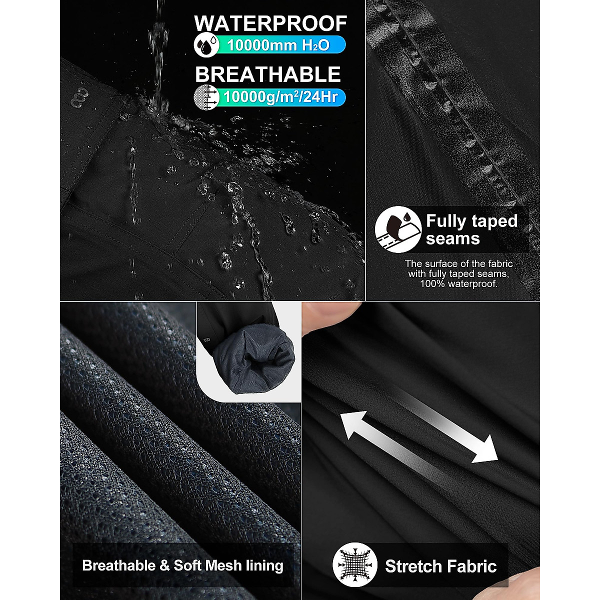 33,000ft Men's Rain Pants Waterproof Lightweight Breathable Golf Over Pants for Hiking Travel Cycling Outdoor Black